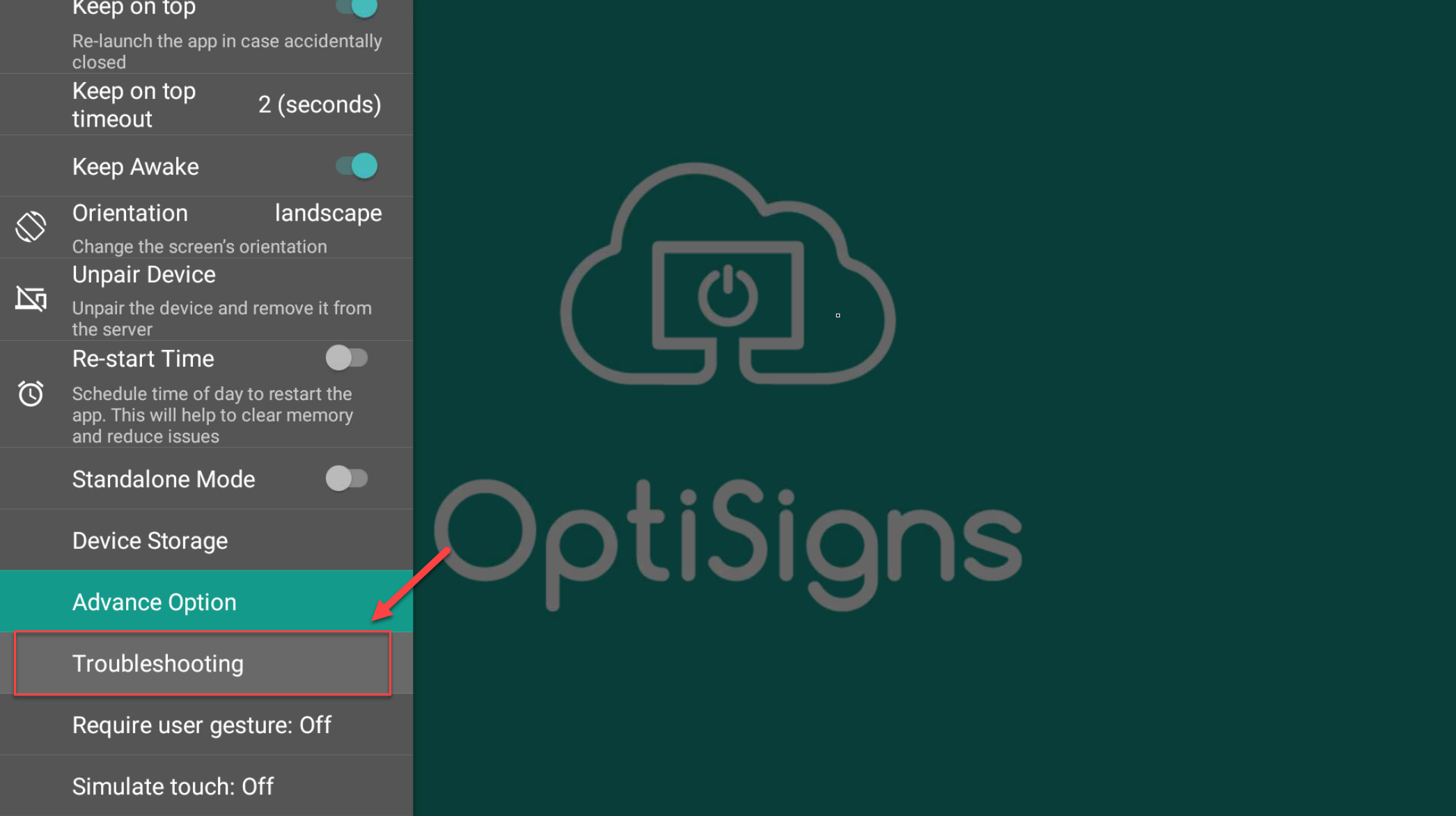 How to access the Troubleshooting page of the OptiSigns Player – OptiSigns